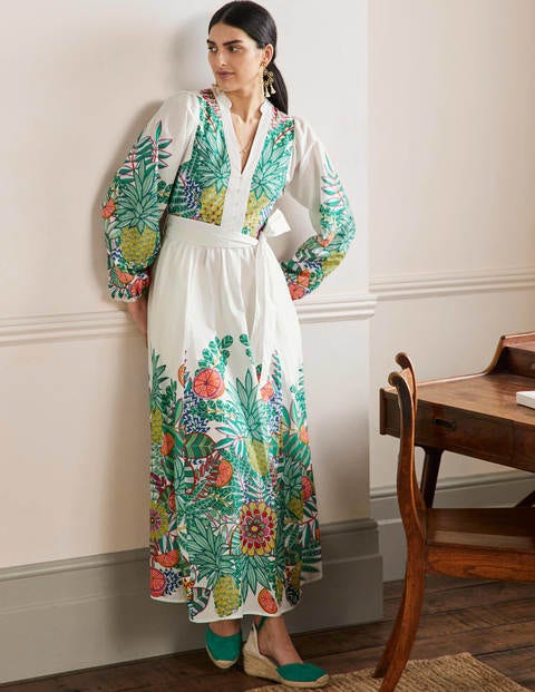 Notch Neck Cotton Maxi Dress Ivory Pineapple Boden Uk