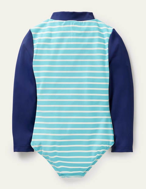 Long-sleeved Appliqué Swimsuit - Aqua/Ivory Puffins | Boden UK
