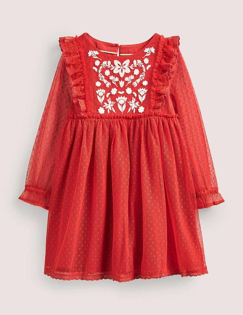 Long Sleeve Tulle Dress - Rockabilly Red Flowers | Boden EU