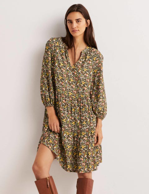 Notch Neck Tiered Dress - Basil, Botanic Meadow | Boden UK