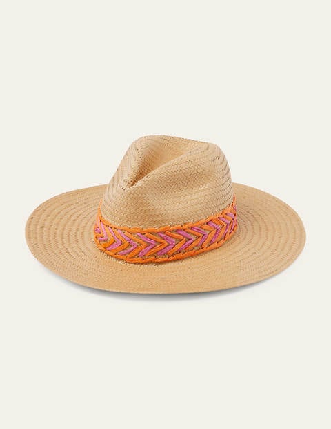 Embroidered Straw Fedora Hat - Natural | Boden UK