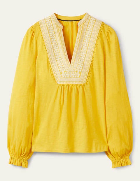 Embroidered Notch Neck Top - Lemon Fizz, Embroidered | Boden UK