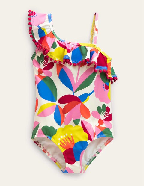 Frilly One Shoulder Swimsuit - Ivory and Multi Floral | Boden US