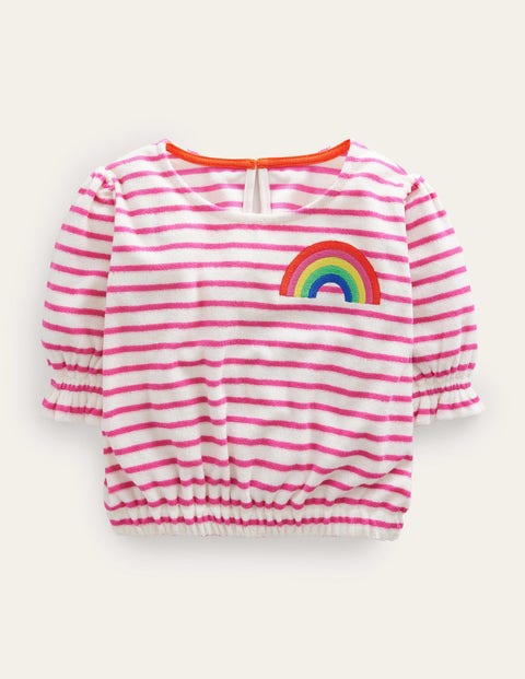 Embroidered Towelling Top - Tickled Pink/Ivory Rainbow | Boden UK