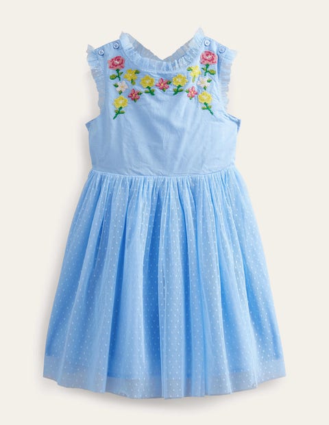 Embroidered Cross-Back Dress - Whisper Blue | Boden UK