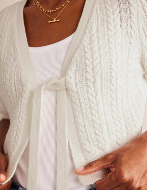 Bow-Trim Cropped Cardigan - Warm Ivory | Boden UK