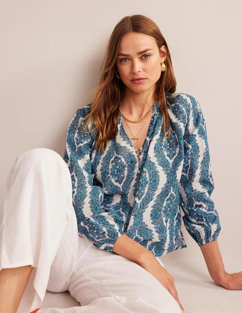 Printed Notch-Neck Sparkle Top - Blue, Botanic Wreath | Boden EU