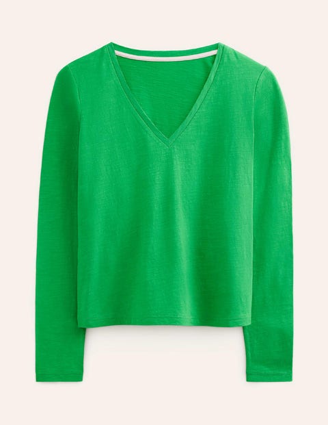 Cotton V-Neck Long Sleeve Top - Bright Green | Boden US