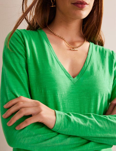 Cotton V-Neck Long Sleeve Top - Bright Green | Boden US