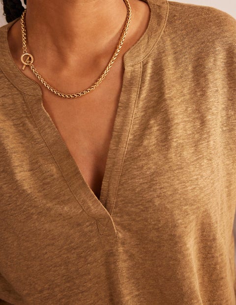 Open Neck Linen Henley - Camel | Boden UK