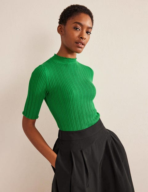 Ribbed Pointelle High Neck Top - Green Bee | Boden UK