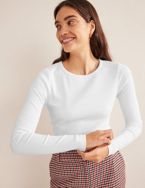 Cotton Ribbed Long Sleeve Top - White | Boden EU