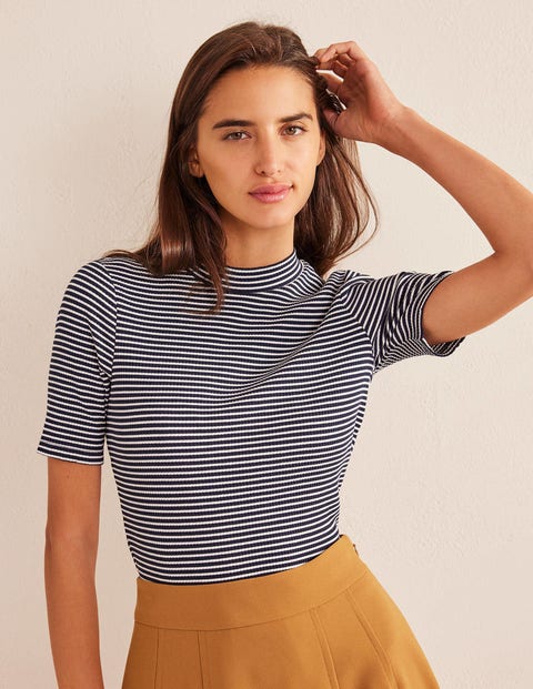 High Neck Ribbed Top Navy Ivory Stripe Boden Uk