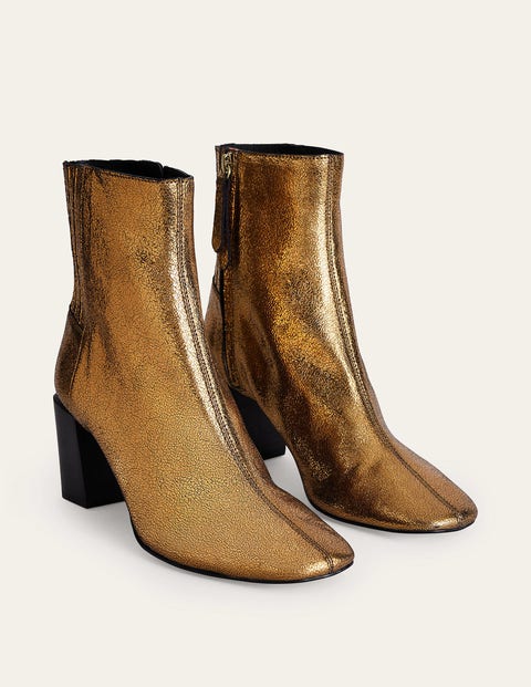 Block-Heel Leather Ankle Boots - Gold Crinkle metallic Leather | Boden US