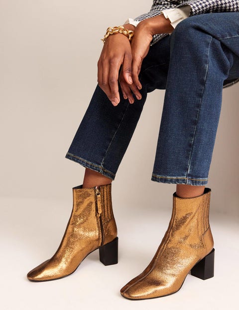 Block-Heel Leather Ankle Boots - Gold Crinkle metallic Leather | Boden US