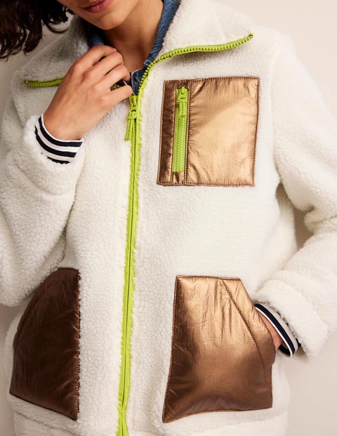 Funnel-Neck Borg Jacket - Ivory, Metallic | Boden UK