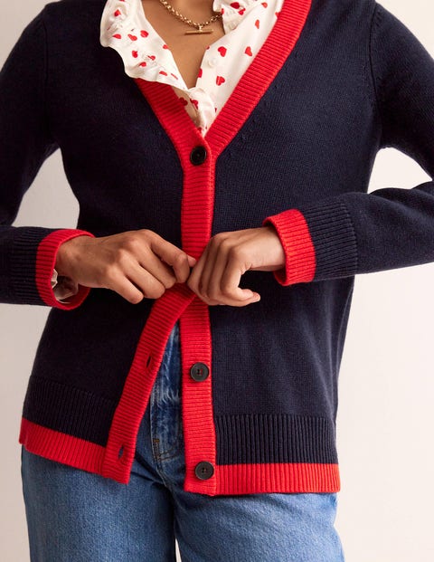 Alma Contrast Trim Cardigan - Navy, Post Box Red | Boden UK