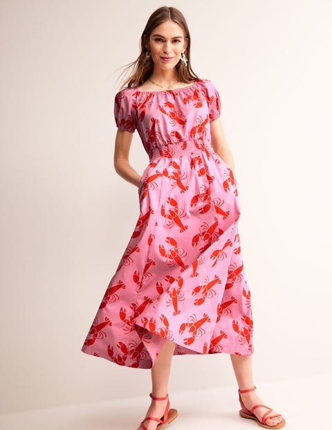 Amber Cotton Midi Dress - Cashmere Rose, Lobster | Boden EU