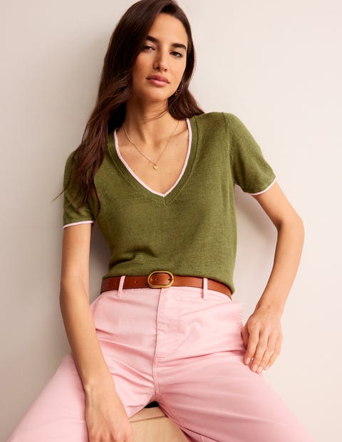 Maggie V Neck Linen T Shirt Spruce Green Boden Eu
