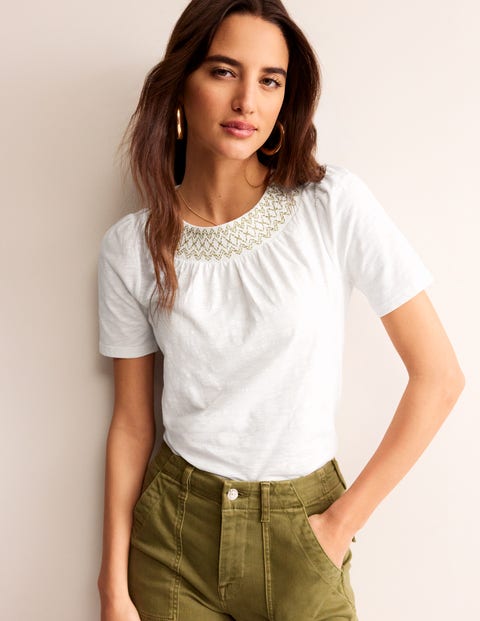 Smock Neck Puff Sleeve Top - White, Gold Metallic | Boden US