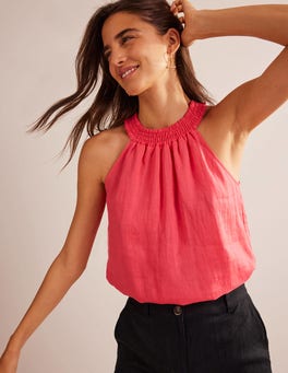 Linen Smocked Halter Top - Coral Sunset | Boden UK