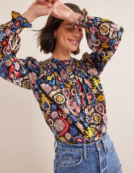 Smocked Yoke Cotton Blouse - Multi, Tropic Charm | Boden UK