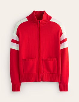 Knitted Zip-up Cardigan - Post Box Red, Ivory Stripe | Boden UK