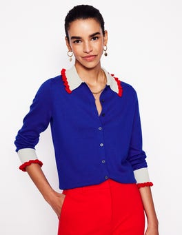 Frilled Cotton Blend Cardigan - Bright Blue | Boden EU