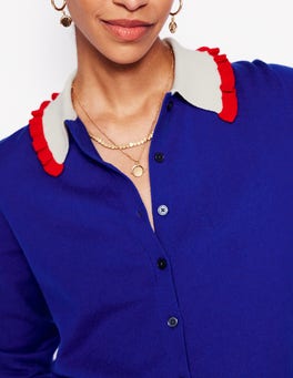 Frilled Cotton Blend Cardigan - Bright Blue | Boden EU