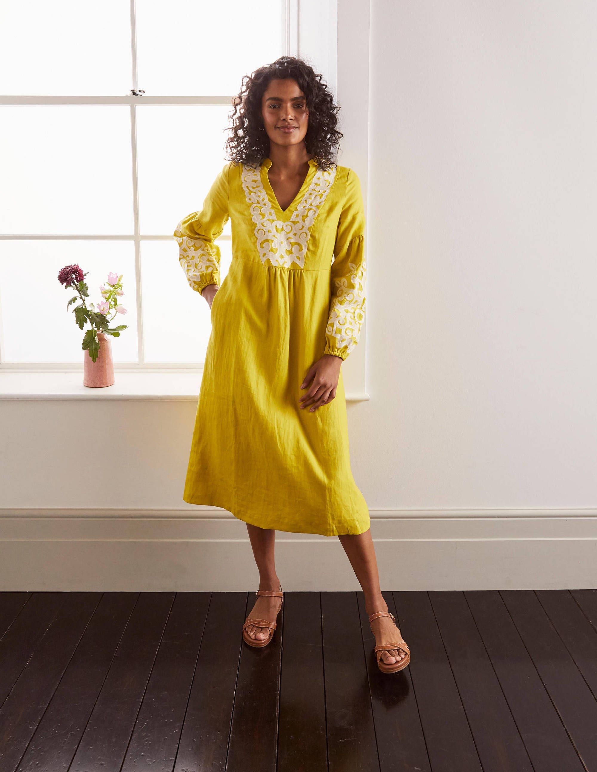 Leonie Embroidered Linen Dress - Chartreuse | Boden US Leonie Embroidered Linen Dress - Chartreuse | Boden US