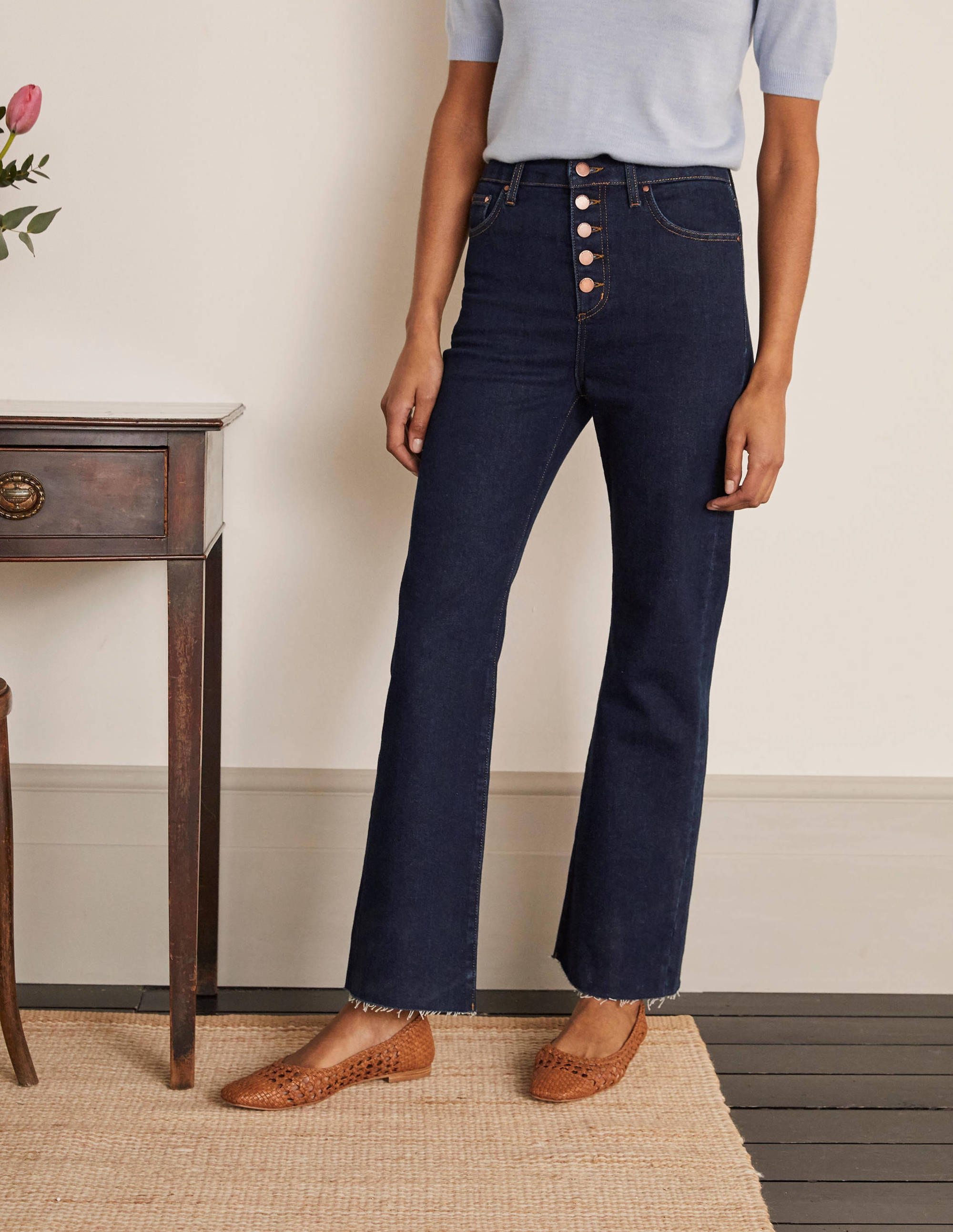Button Fly Kick Flare Jeans - Indigo | Boden UK